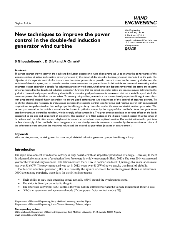 Pdf New Techniques To Improve The Power Control In The Double Fed Induction Generator Wind Turbine