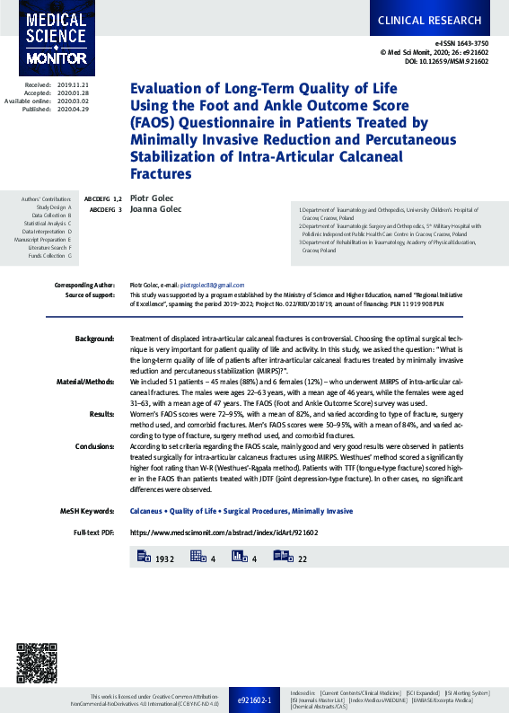 (PDF) Evaluation of Long-Term Quality of Life Using the Foot and Ankle ...