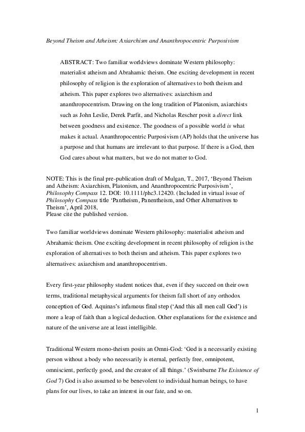 (PDF) Beyond Theism and Atheism: Axiarchism and Ananthropocentric ...