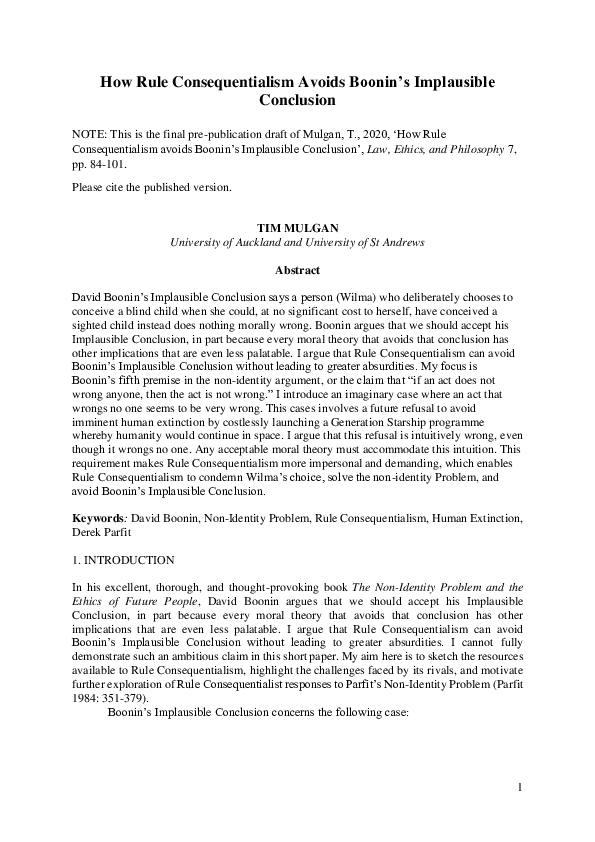 (PDF) How Rule Consequentialism Avoids Boonin's Implausible Conclusion