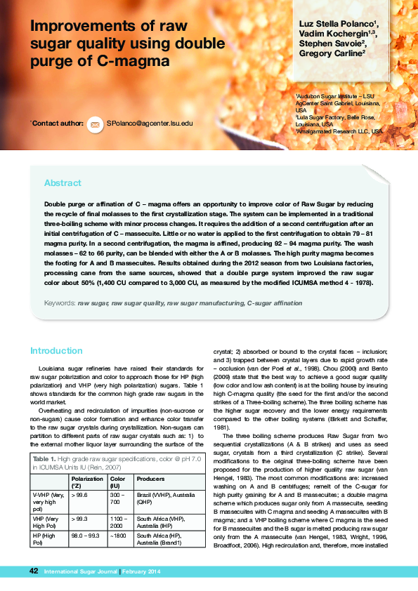 (PDF) Improvements of raw sugar quality using double purge of C-magma ...