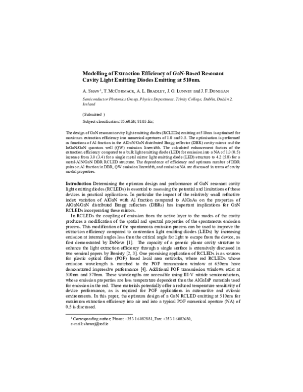 (PDF) Modelling of Extraction Efficiency of GaN-Based Resonant Cavity Light Emitting Diodes ...