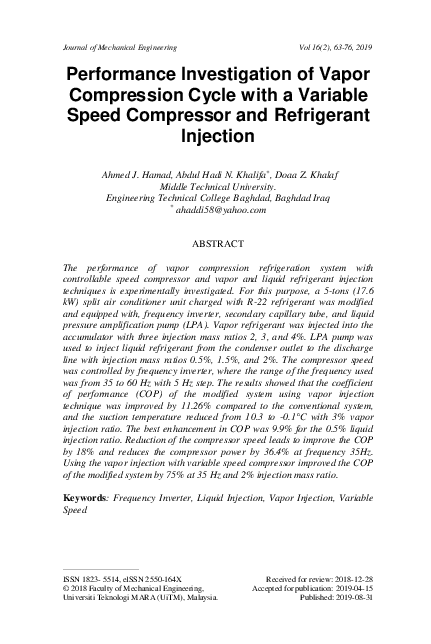 Pdf Performance Investigation Of Vapor Compression Cycle With A Variable Speed Compressor And