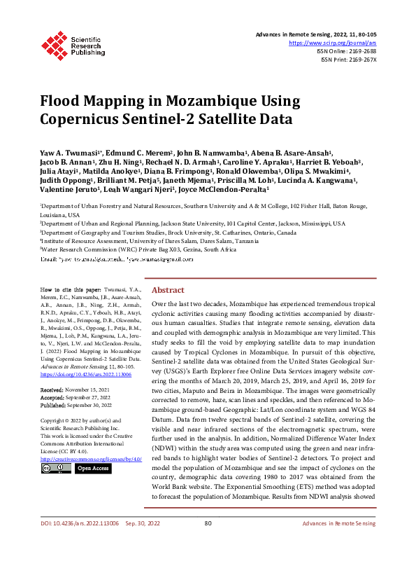 (PDF) Flood Mapping in Mozambique Using Copernicus Sentinel-2 Satellite Data