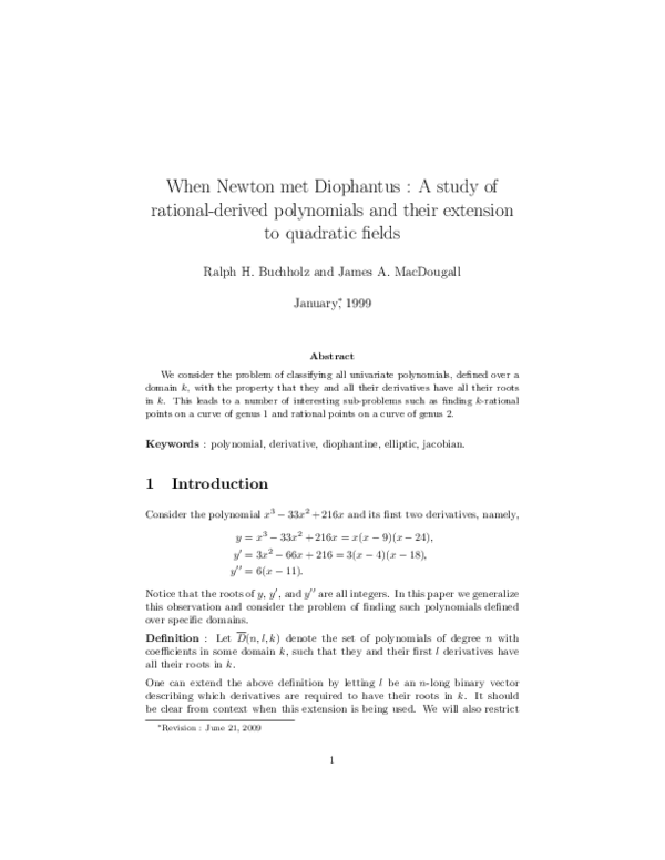 (PDF) When Newton met Diophantus: A Study of Rational-Derived Polynomials and Their Extension to ...