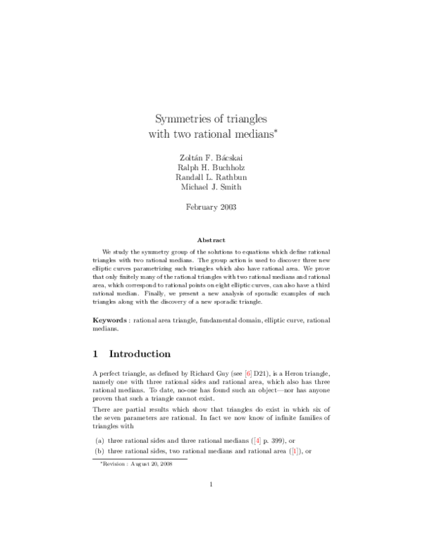 (PDF) Symmetries of triangles with two rational medians