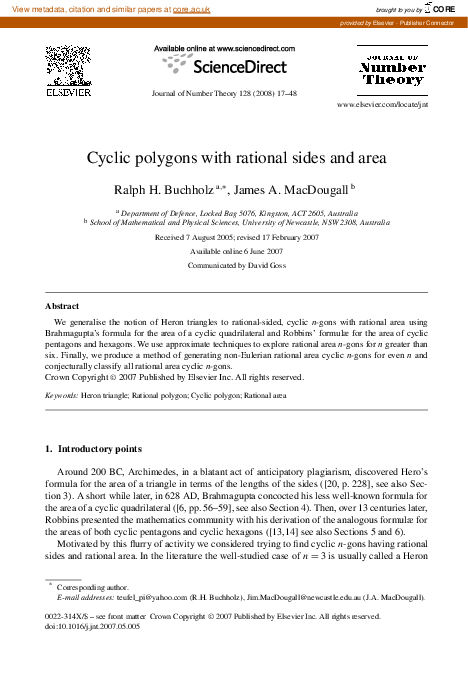 (PDF) Cyclic polygons with rational sides and area | Ralph Buchholz ...