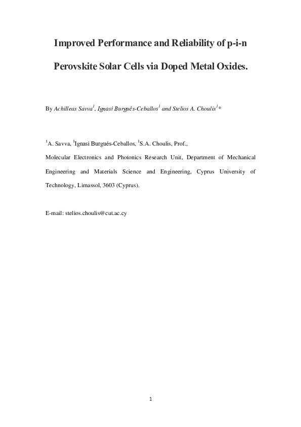 (PDF) Improved Performance and Reliability of p‐i‐n Perovskite Solar Cells via Doped Metal Oxides