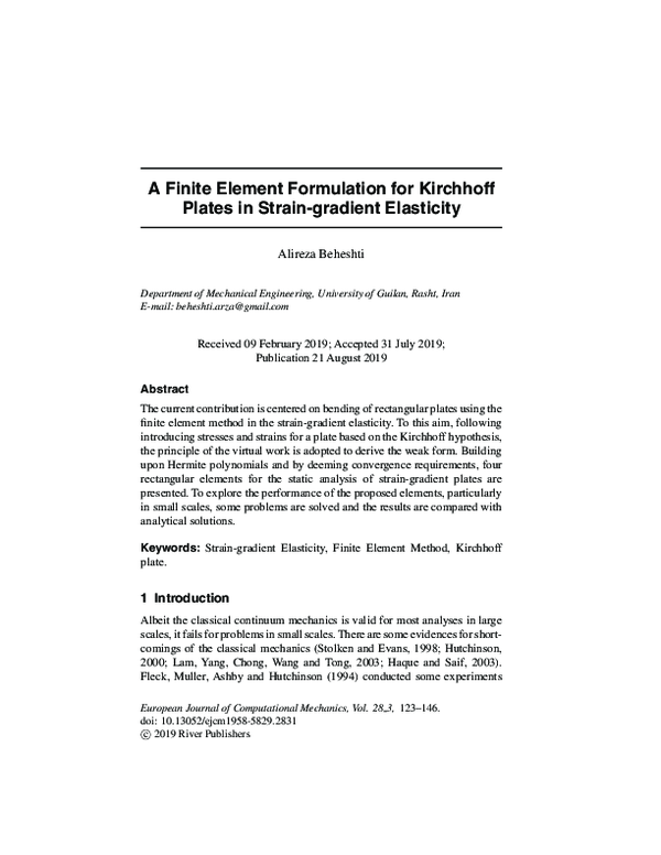 Pdf A Finite Element Formulation For Kirchhoff Plates In Strain Gradient Elasticity