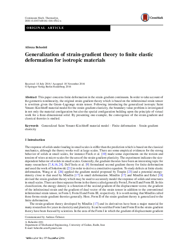 (PDF) Generalization of strain-gradient theory to finite elastic deformation for isotropic materials