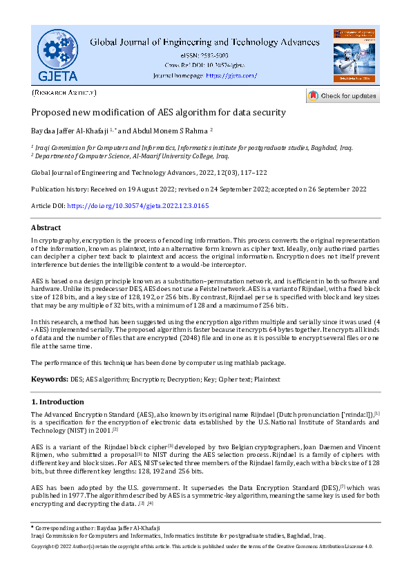 Pdf Proposed New Modification Of Aes Algorithm For Data Security Baydaa Al Khafaji