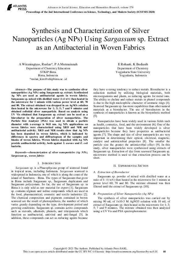 (PDF) Synthesis and Characterization of Silver Nanoparticles (Ag NPs) Using Sargassum sp ...