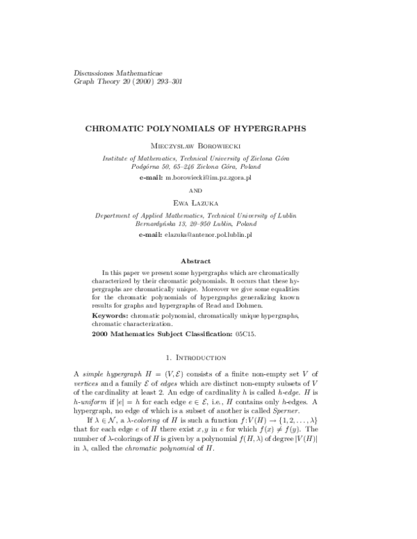 (PDF) Chromatic Polynomials of Unique Hypergraphs