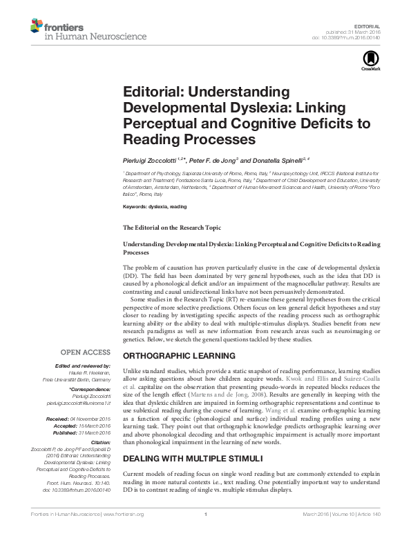 (PDF) Editorial: Understanding Developmental Dyslexia: Linking Perceptual and Cognitive Deficits ...