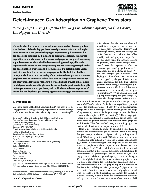 (PDF) Defect‐Induced Gas Adsorption on Graphene Transistors