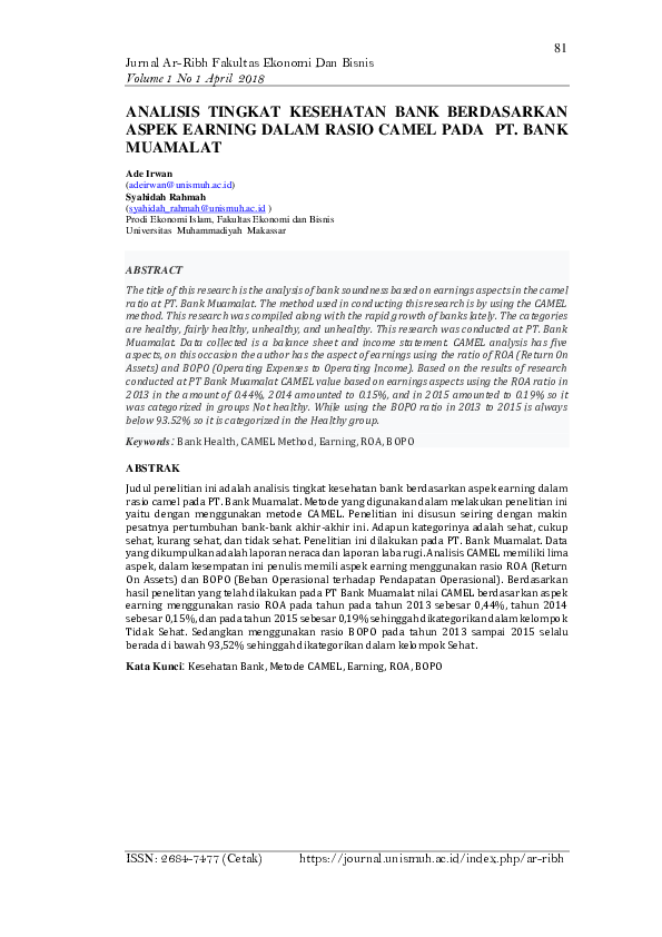 (PDF) Analisis Tingkat Kesehatan Bank Berdasarkan Aspek Earning Dalam Rasio Camel Pada Pt. Bank ...
