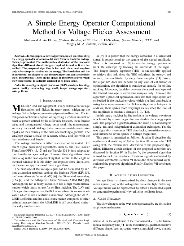 (PDF) A Simple Energy Operator Computational Method for Voltage Flicker Assessment