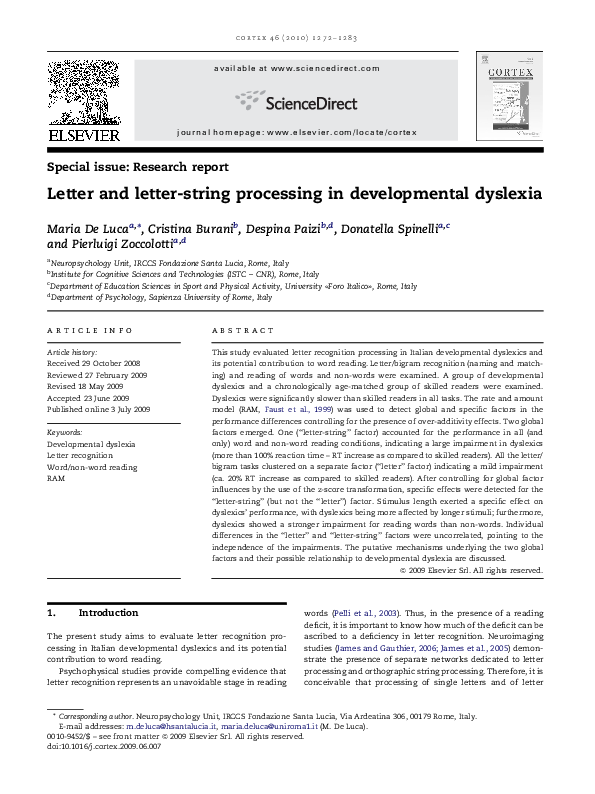 (PDF) Letter and letter-string processing in developmental dyslexia | donatella spinelli ...