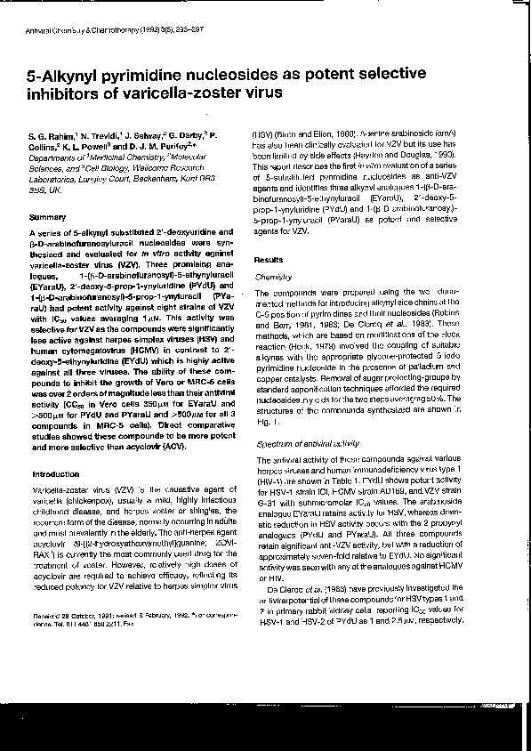 (PDF) 5-Alkynyl Pyrimidine Nucleosides as Potent Selective Inhibitors of Varicella-Zoster Virus