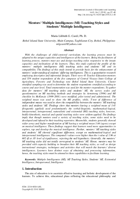 (PDF) Mentors' Multiple Intelligences (MI) Teaching Styles and Students ...