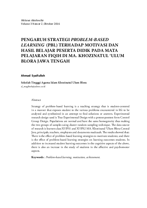 (PDF) Pengaruh Strategi Problem-Based Lear­ning (PBL) Terhadap Motivasi Dan Hasil Belajar ...