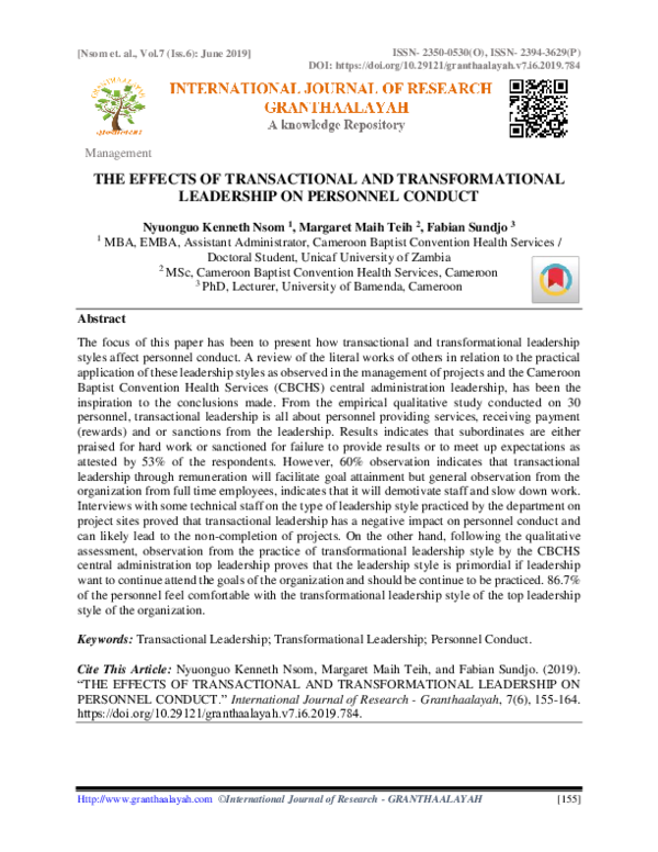 (PDF) THE EFFECTS OF TRANSACTIONAL AND TRANSFORMATIONAL LEADERSHIP ON PERSONNEL CONDUCT