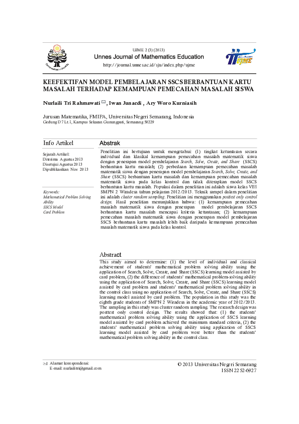 (PDF) Keefektifan Model Pembelajaran SSCS Berbantuan Kartu Masalah Terhadap Kemampuan Pemecahan ...