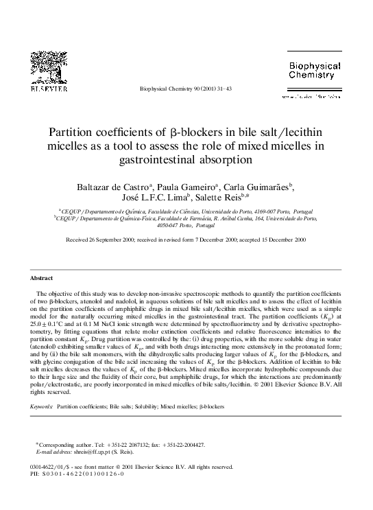 (PDF) Partition coefficients of β-blockers in bile salt/lecithin ...
