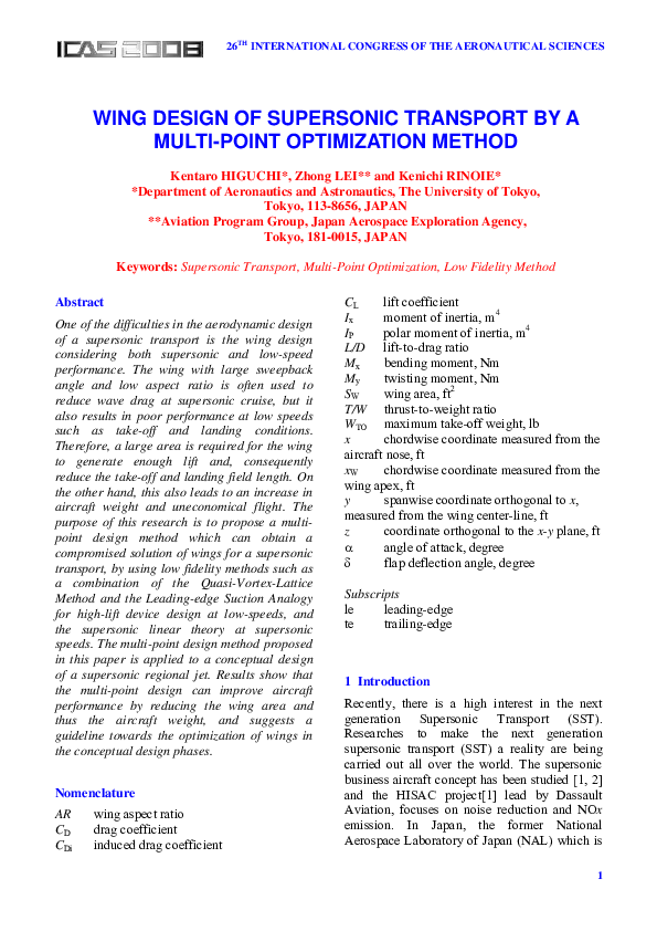(PDF) Wing Design of Supersonic Transport by a Multi-Point Optimization Method | Kentaro Higuchi ...