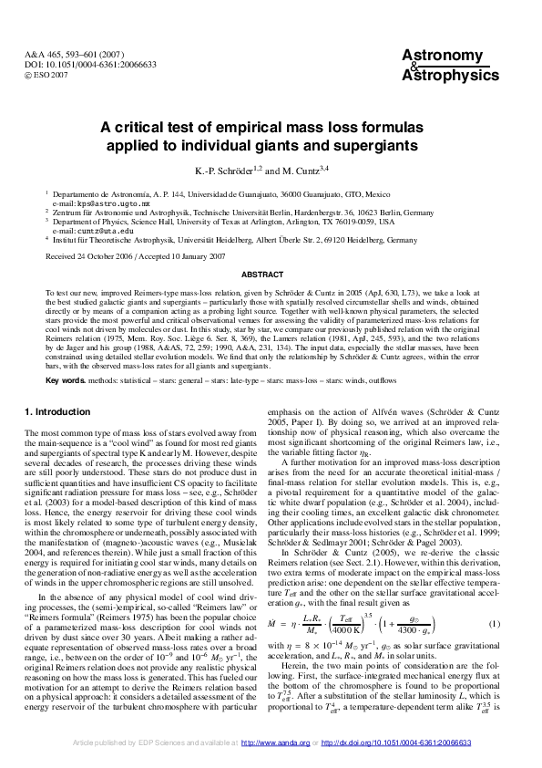 (PDF) A critical test of empirical mass loss formulas applied to ...