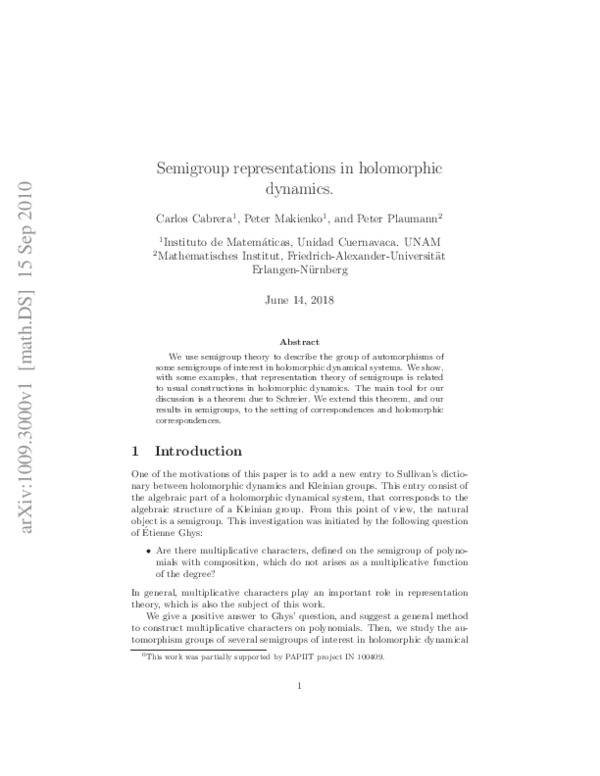 (PDF) Semigroup representations in holomorphic dynamics