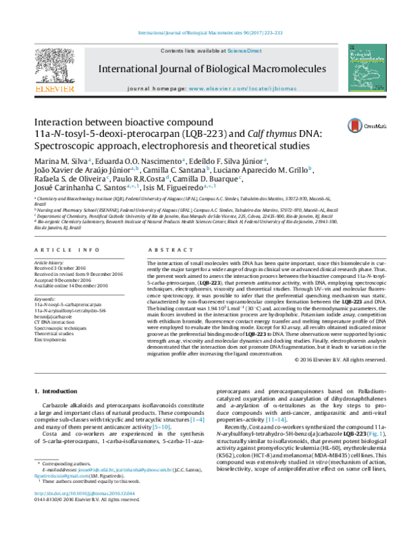 (PDF) Interaction between bioactive compound 11a-N-tosyl-5-deoxi-pterocarpan (LQB-223) and Calf ...
