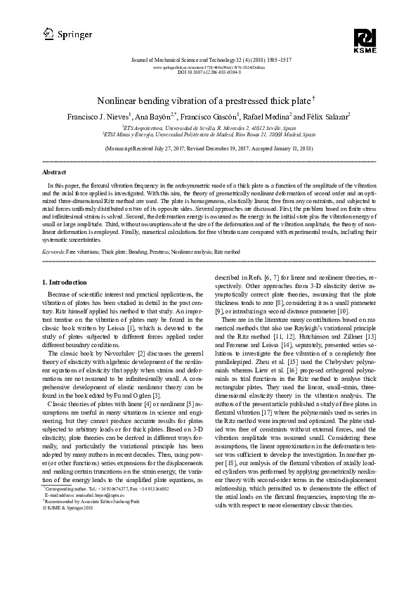 (PDF) Nonlinear bending vibration of a prestressed thick plate