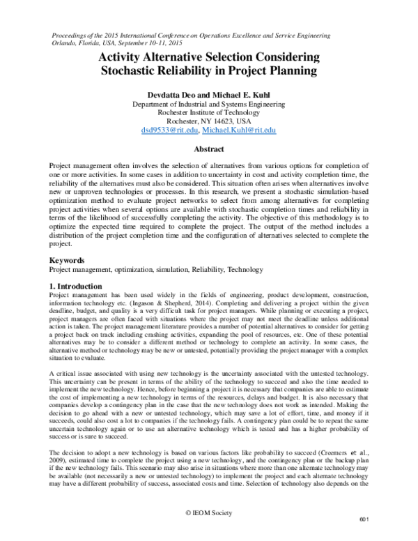 (PDF) Activity Alternative Selection Considering Stochastic Reliability in Project Planning ...