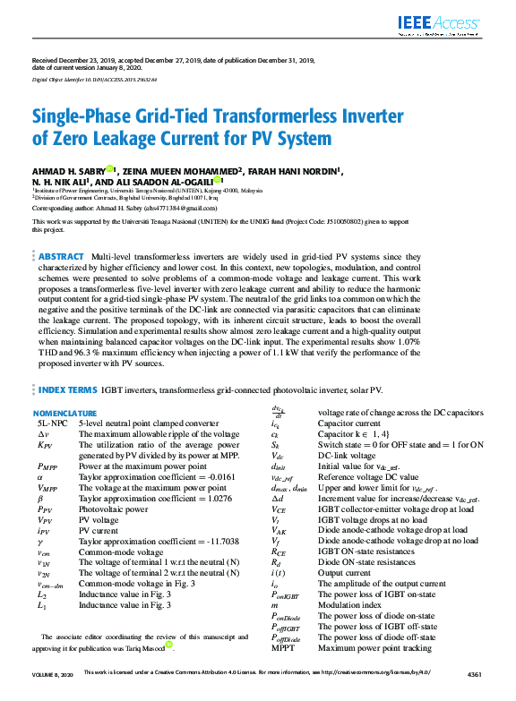 (PDF) Single-Phase Grid-Tied Transformerless Inverter of Zero Leakage Current for PV System