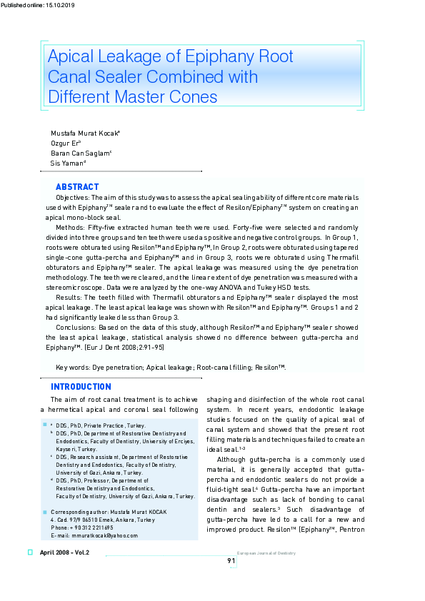 (PDF) Apical Leakage of Epiphany Root Canal Sealer Combined with ...