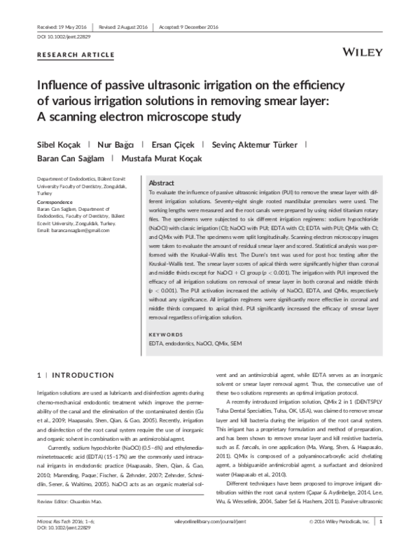 (PDF) Influence of passive ultrasonic irrigation on the efficiency of various irrigation ...