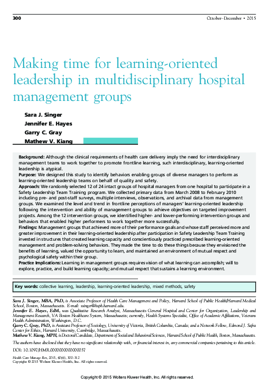 (PDF) Making time for learning-oriented leadership in multidisciplinary ...