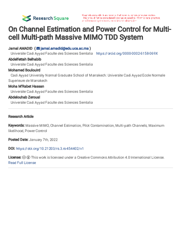 (PDF) On Channel Estimation and Power Control for Multi-cell Multi-path Massive MIMO TDD System