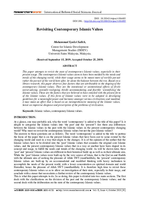 (PDF) Revisiting Contemporary Islamic Values