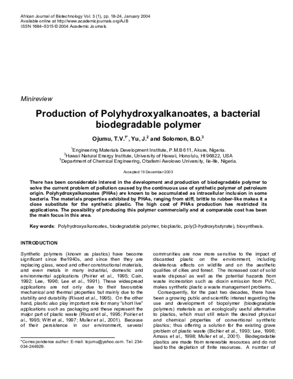 (PDF) Production of Polyhydroxyalkanoates, a bacterial biodegradable ...