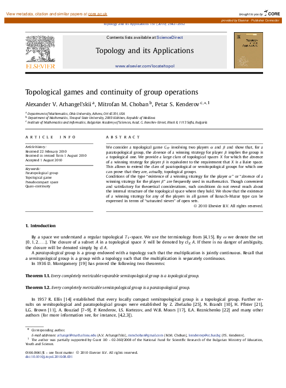 (PDF) Topological games and continuity of group operations