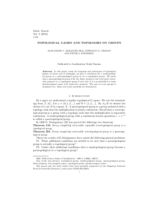 (PDF) Topological Games and Topologies on Groups