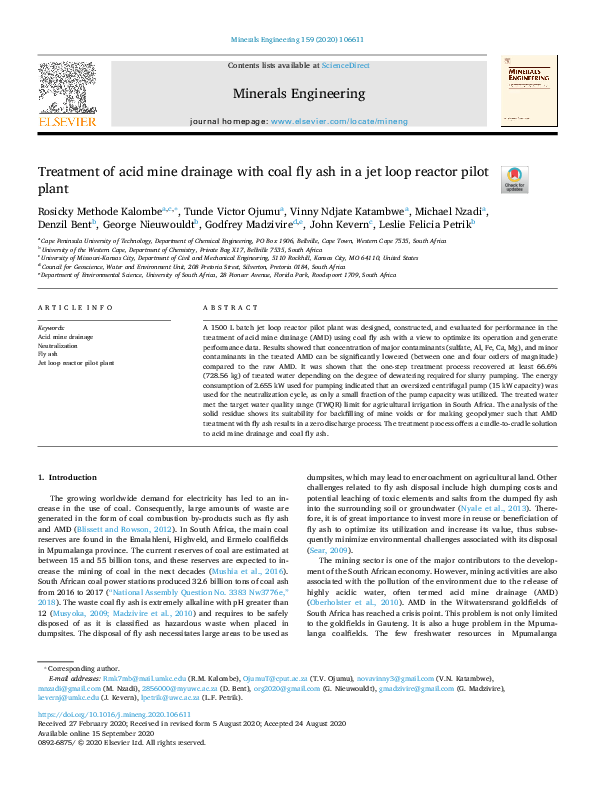 (PDF) Treatment of acid mine drainage with coal fly ash in a jet loop ...
