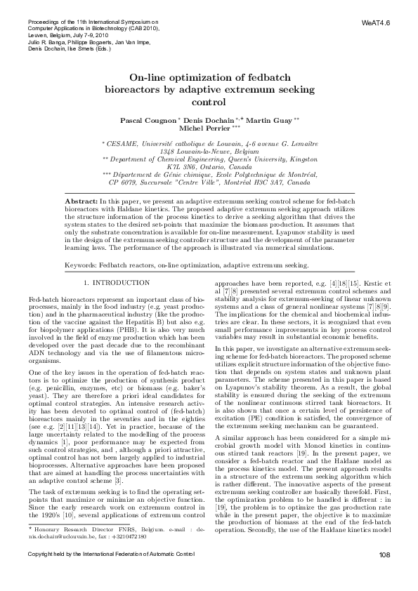 (PDF) On-line optimization of fedbatch bioreactors by adaptive extremum seeking control
