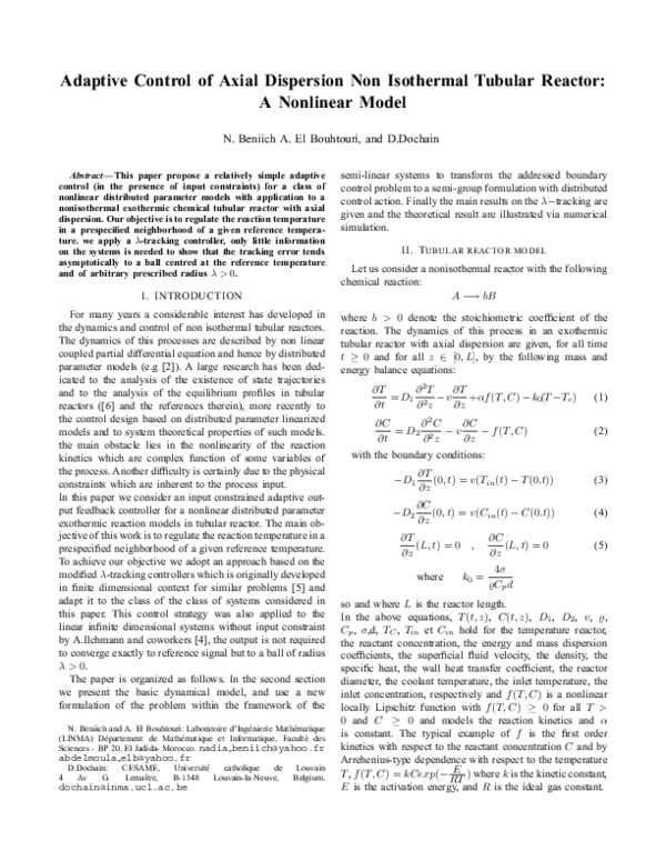 (PDF) Adaptive control of axial dispersion non isothermal tubular ...