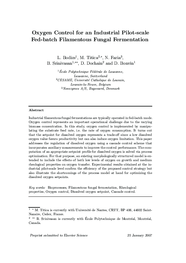 Pdf Oxygen Control For An Industrial Pilot Scale Fed Batch Filamentous Fungal Fermentation