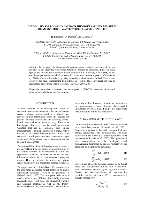 (PDF) Optimal Sensor Location Based on the Observability Measures for an Anaerobic Wastewater ...