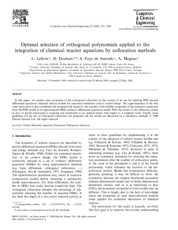 Pdf Optimal Selection Of Orthogonal Polynomials Applied To The Integration Of Chemical Reactor