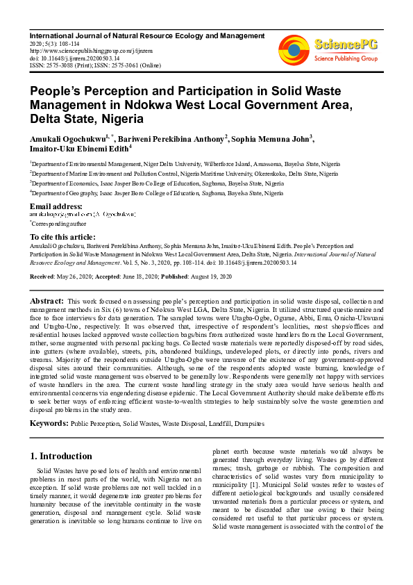 (PDF) People’s Perception and Participation in Solid Waste Management ...